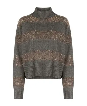 Brunello Cucinelli Sequin Embellished Striped High Neck Jumper