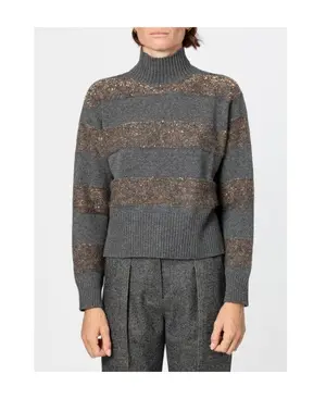 Brunello Cucinelli Sequin Embellished Striped High Neck Jumper
