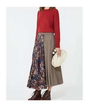 Max Mara Houndstooth Wool Pleated Skirt With Printed Twill Details