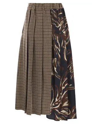 Max Mara Houndstooth Wool Pleated Skirt With Printed Twill Details