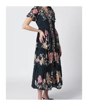 Farm Rio Midi Dress With Floral Print And Tiered Hem - Black