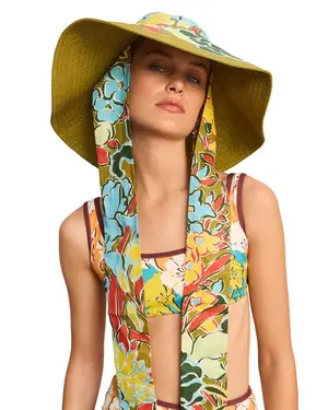 ALEMAIS Wide Brim Sun Hat With Floral Print And Tie Detail - Multi