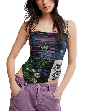 Free People Estella Ruched Printed Tank Top - Midnight