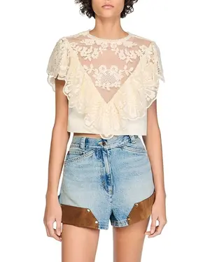 Sandro Floral Guipure Lace Cropped Top