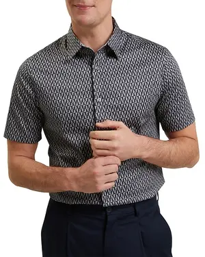 Ted Baker London Cambay Geometric Leaf Print Short Sleeve Shirt - Navy