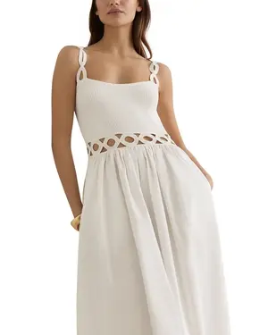 REISS Rita Knit Woven Midi Dress - Ivory
