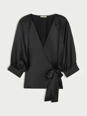 BY MALENE BIRGER Pacey Satin Wrap Blouse - Black
