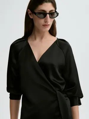BY MALENE BIRGER Pacey Satin Wrap Blouse - Black