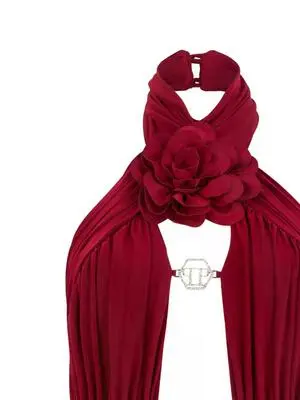 Philipp Plein Burgundy Halterneck Bodysuit With Flower Appliqué And Cut-out Detailing