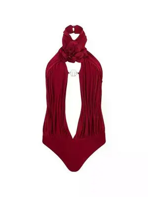 Philipp Plein Burgundy Halterneck Bodysuit With Flower Appliqué And Cut-out Detailing - Red