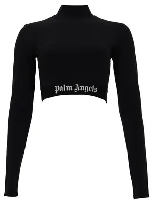 Palm Angels Cropped High Neck Long Sleeve Top With Logo Band