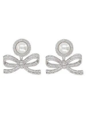 SELF-PORTRAIT Pearl, Bow, And Crystal Drop Earrings - Silver