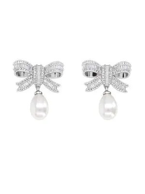 SELF-PORTRAIT Pearl And Crystal Bow Drop Earrings - Silver