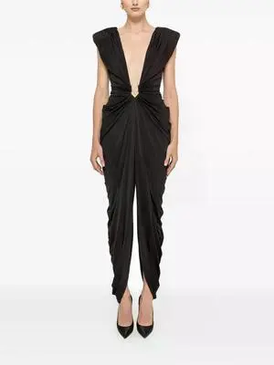 NISSA Ruched Plunge-neck Jumpsuit - Black