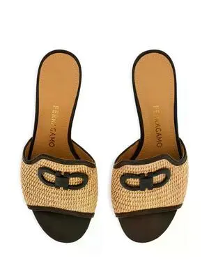 FERRAGAMO Gancini Ornament Raffia And Kidskin Slides