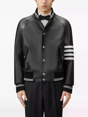 Thom Browne Raglan-sleeve Leather Jacket With 4-bar Stripe - Black