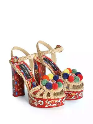 Dolce & Gabbana Raffia Platform Sandals With Floral Embroidery And Pom-poms
