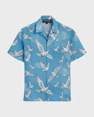 Vilebrequin Linen Bowling Shirt Doves X 3.paradis Shirt Chelly - Blue