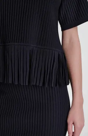 Dkny Ribbed Fringe Crewneck Sweater - Black