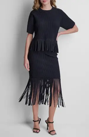 Dkny Fringe Rib Midi Skirt - Black