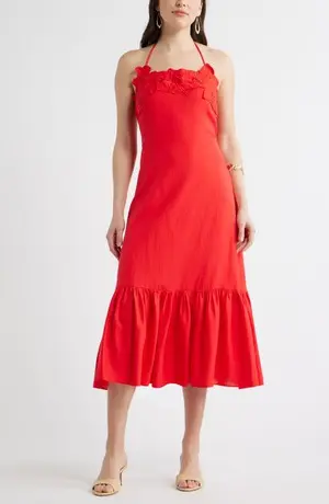 Chelsea28 Appliqué Tie Halter Midi Dress - Red
