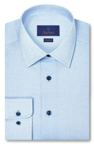 David Donahue Regular Fit Geometric Cotton Dress Shirt - Sky