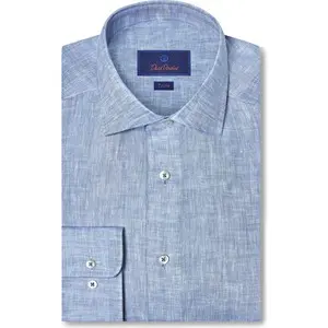 David Donahue Trim Fit Herringbone Linen Dress Shirt - Denim