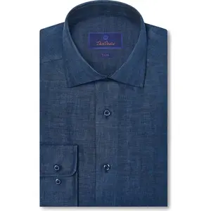 David Donahue Herringbone Linen Dress Shirt - Navy
