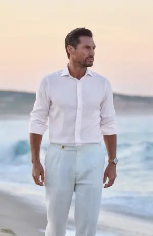 David Donahue Trim Fit Linen Herringbone Dress Shirt
