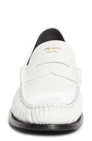 Prada Ruched Moc Toe Penny Loafers - Bianco
