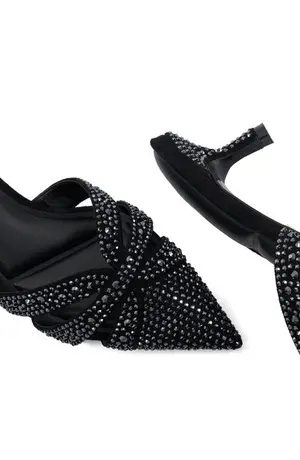 Dune London Calla Crystal Embellished Pointed Toe Kitten Heel Mule - Black