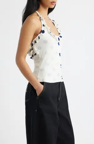 DAMSON MADDER Ruffled Polka Dot Organic Cotton Halter Top