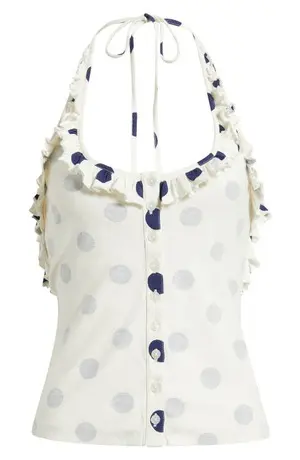 DAMSON MADDER Ruffled Polka Dot Organic Cotton Halter Top
