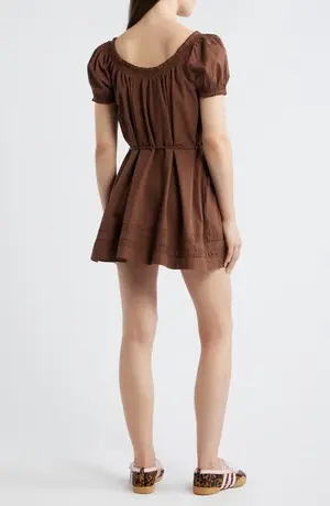 DAMSON MADDER Jayne Organic Cotton Puff Sleeve Mini Dress - Chocolate