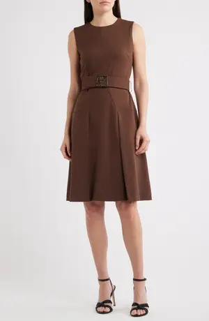 Anne Klein Jewel Neck Belted Dress - Molasses