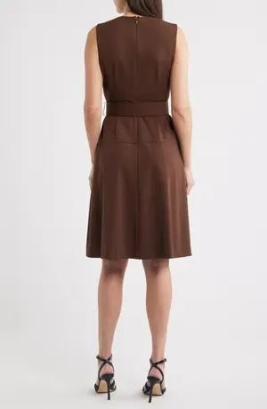Anne Klein Jewel Neck Belted Dress - Molasses