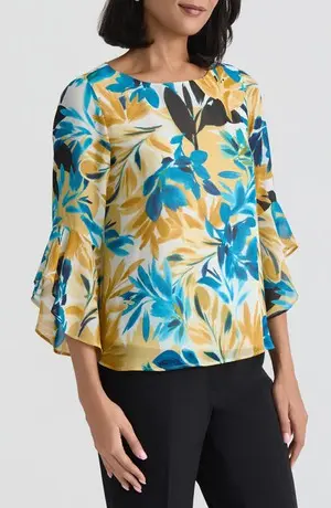 KASPER Floral Print Ruffle Sleeve Top