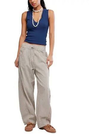 Free People Pinstripe Cotton Drawstring Pants - Ivory Combo