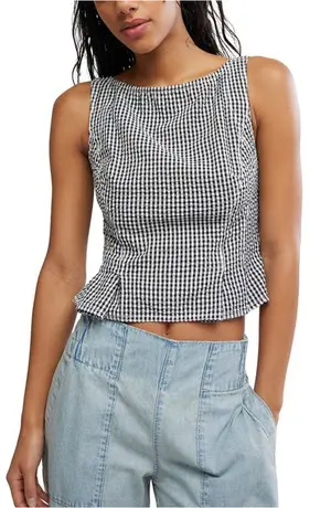 Free People Sunfaded Gingham Peplum Top - Black And White Comb