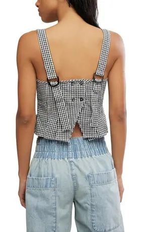 Free People Sunfaded Gingham Peplum Top - Black And White Comb
