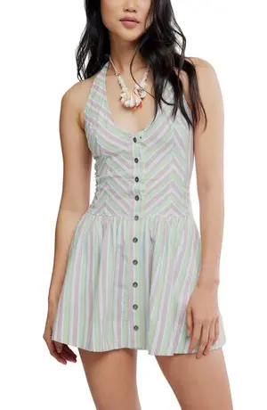 Free People Halterneck Striped Mini Dress With Button Front