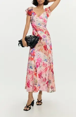 Desigual Floral Flutter Sleeve Chiffon Dress