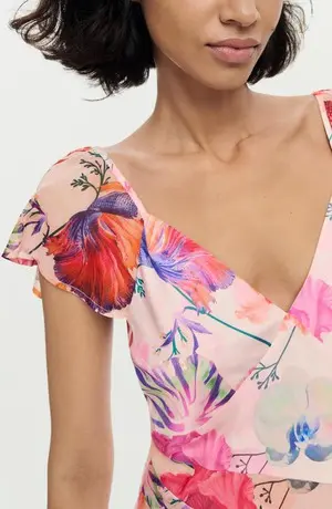 Desigual Floral Flutter Sleeve Chiffon Dress