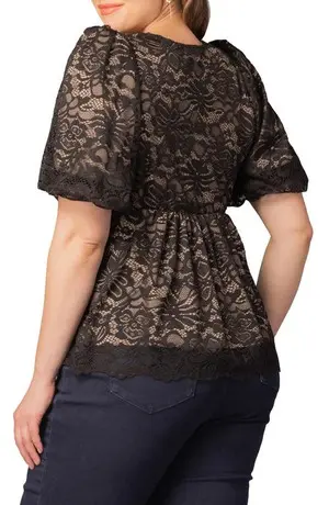KIYONNA Winsome Puff Sleeve Lace Top - Black/nude