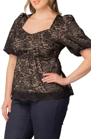 KIYONNA Winsome Puff Sleeve Lace Top - Black/nude