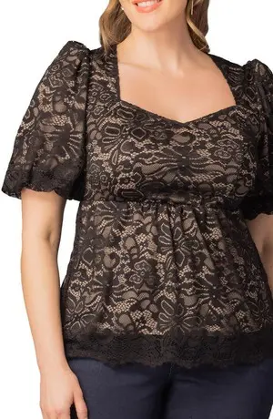 KIYONNA Winsome Puff Sleeve Lace Top - Black/nude