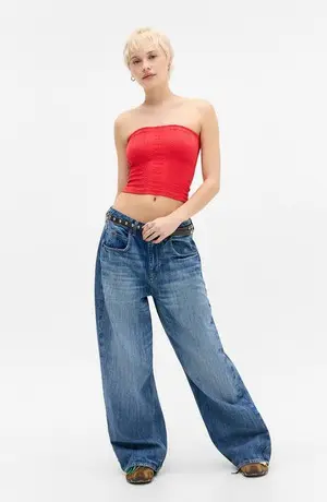 BDG URBAN OUTFITTERS Floral Knit Crop Bandeau Top - Red