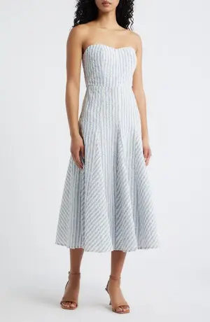 Lulus Karina Strapless Stripe Eyelet Midi Dress