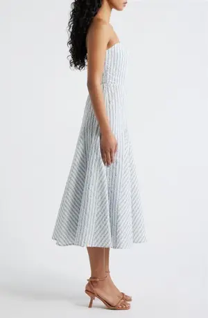 Lulus Karina Strapless Stripe Eyelet Midi Dress