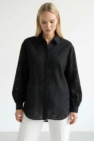 EXQUISE Long Sleeve Broderie Anglaise Shirt